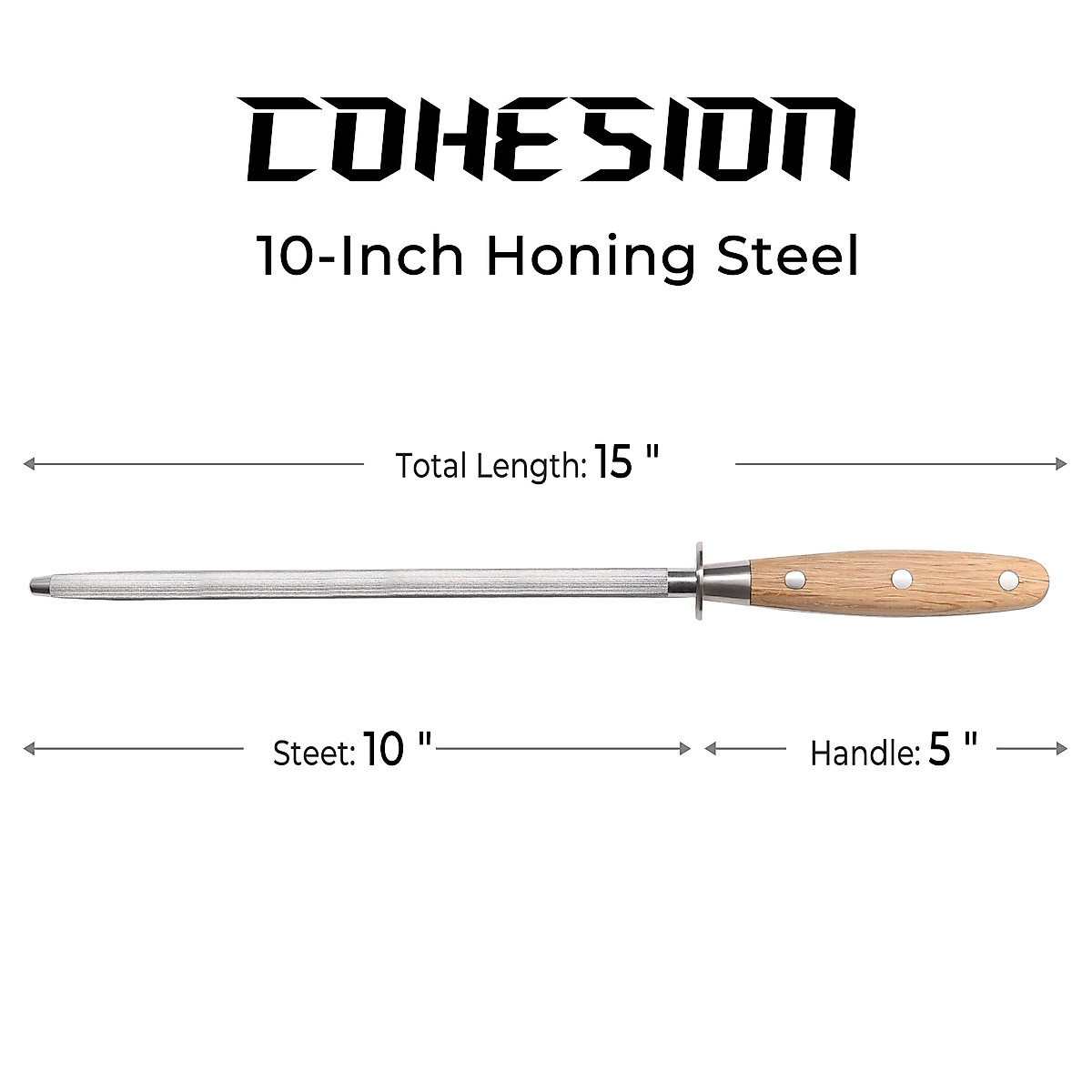 Cohesion Knife Sharpener Rod for Kitchen Knife Daily Sharpener Maintenance, 10 Inch Carbon Steel Professional Knife Sharpening Rod Honing Steel with White Oak Wood Handle
