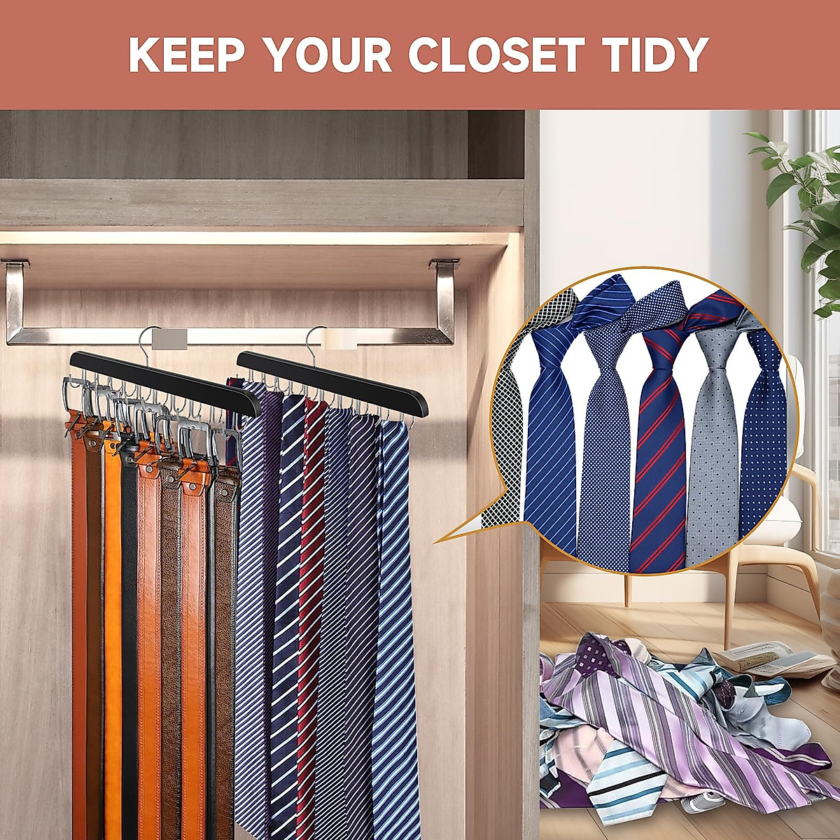 Belt Hanger for Closet, Holds Max 60 Belts, Wooden 20 Hooks Belt Organizer Wardrobe Accessory, 360° Rotatable Belt Storage Hanger Rack Space Saver for Belt, Bra, Tank Top, Tie, Scarf (2)