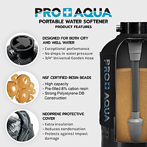 PRO+AQUA 16,000 Grain Portable Water Softener for RV, Trailers, Boats, Mobile Car Wash, Pressure Wash – Protects Water Systems from Hard Water Damage and Corrosion, with Pre-Filled High-Capacity Resin