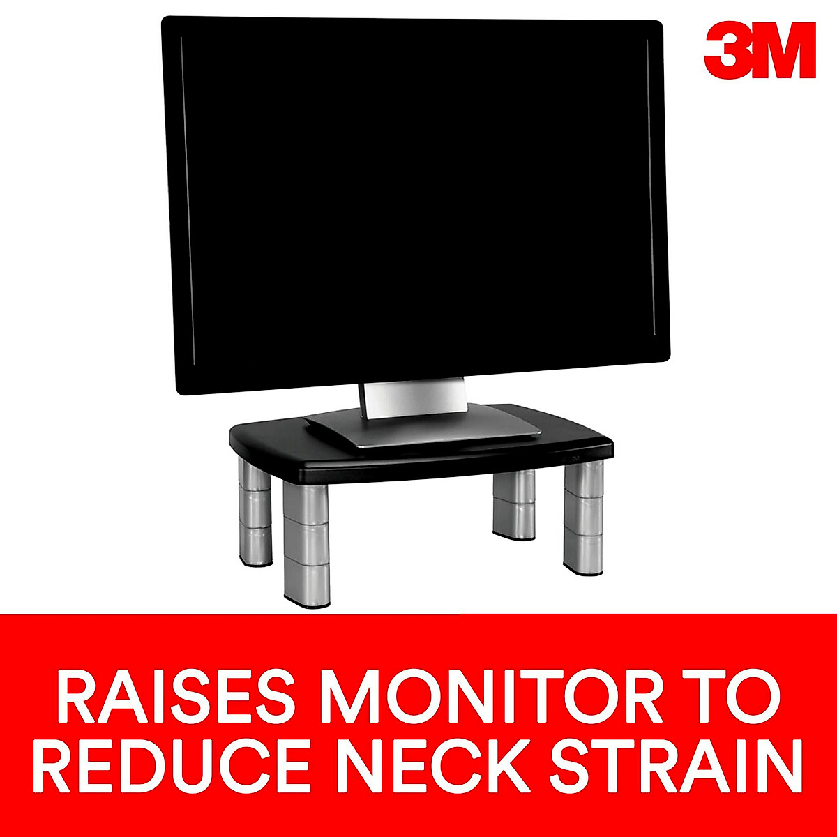 3M Adjustable Monitor Stand Riser, Three Leg Segments Simply Adjust Height, Sturdy Platform Holds Up to 80 lbs for Monitors, Laptops, and Printers, Space for Storage Underneath, Silver/Black (MS80B)