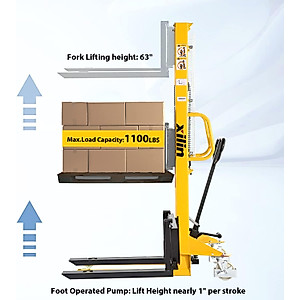 Xilin Manual Pallet Stacker 1100lbs Capacity 63" Lift Height with Straddle Legs Adjustable Forks