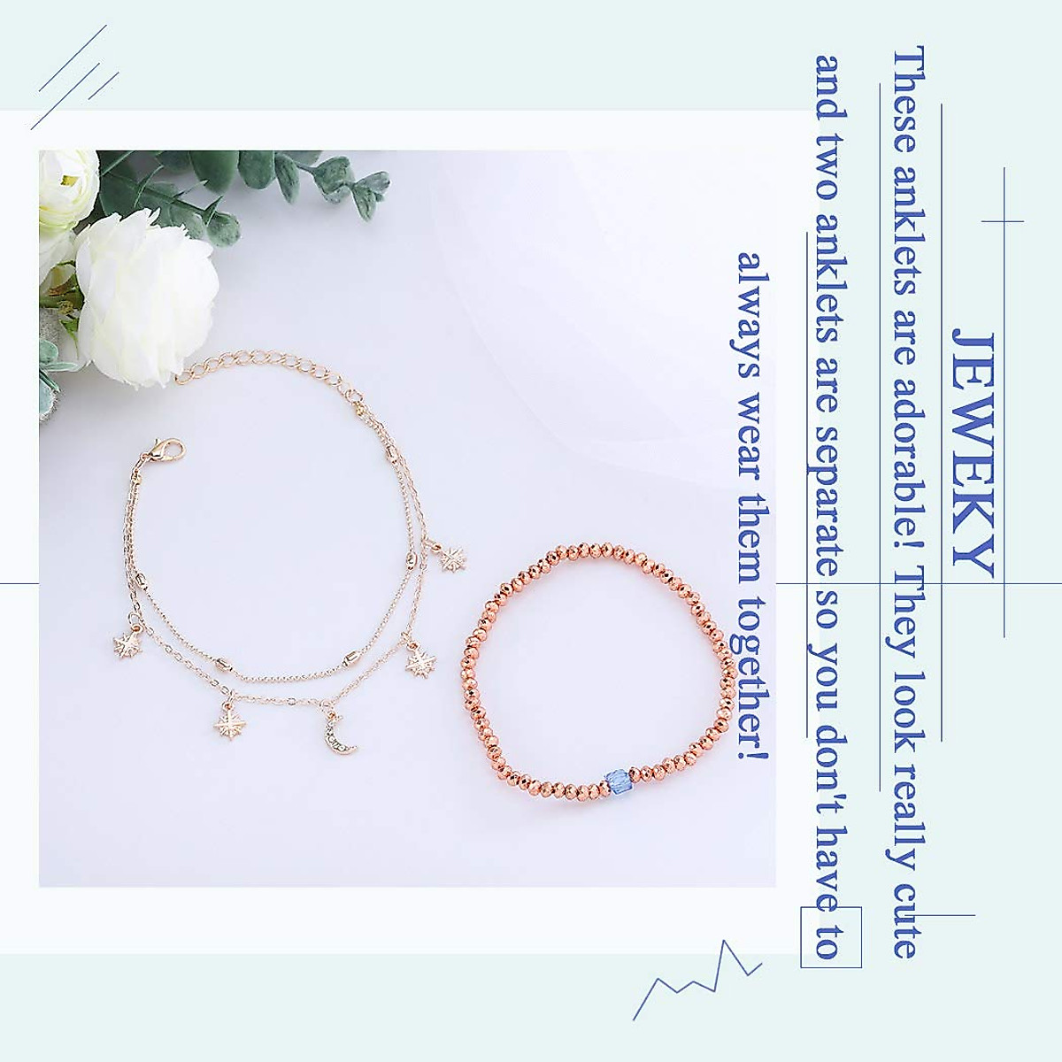 Jeweky Boho Three Layered Beaded Ankle Bracelets Gold Moon Summer Beach Anklet Chain for Women