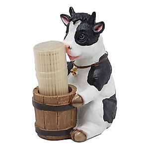 Ebros Country Farm Bovine Cow With Bell Collar Holding A Wooden Barrel Decorative Toothpick Holder Statue With Toothpicks 4"Tall Starter Kit Cattle Animal Figurine Collectible Kitchen Decor