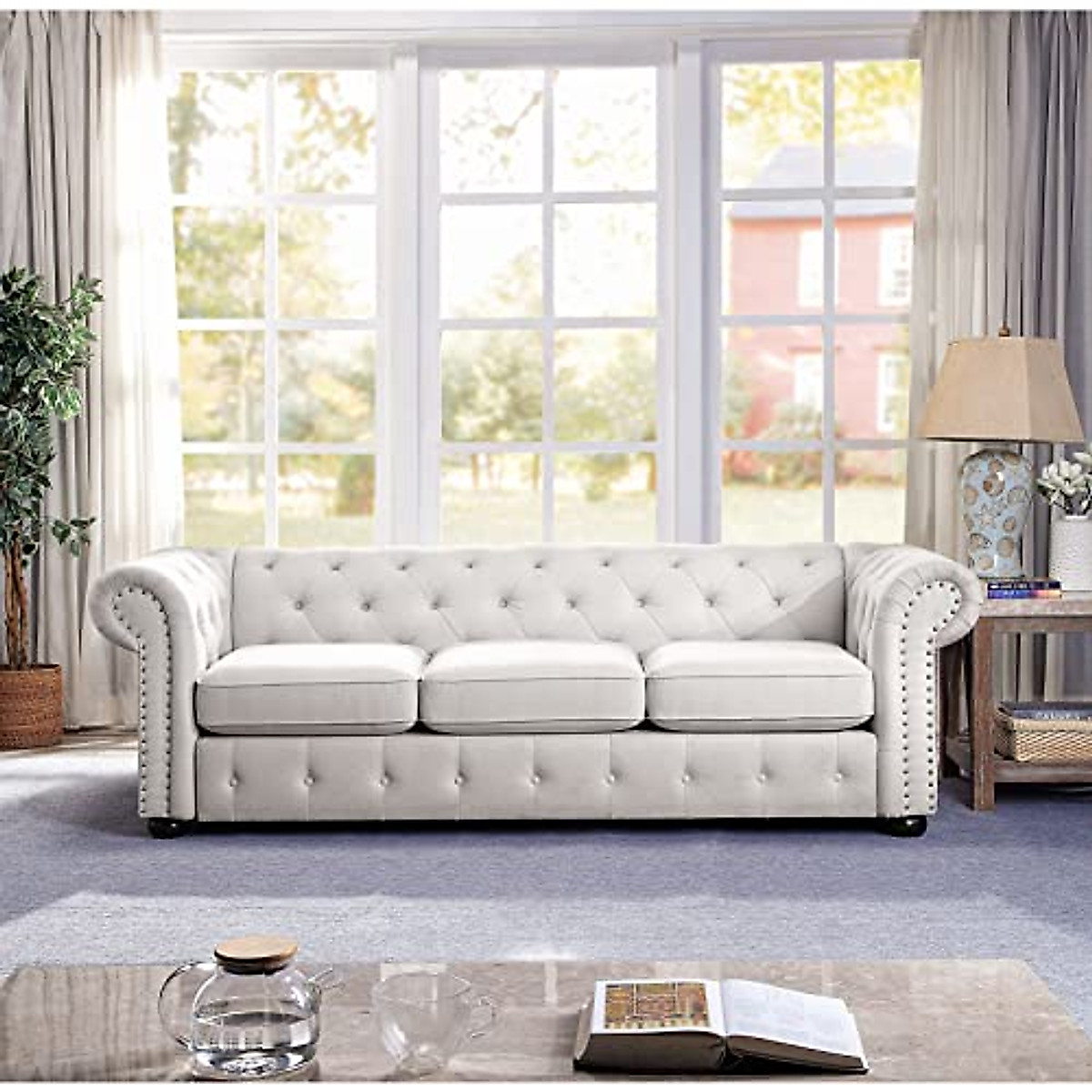 Corvus Aleksis Tufted Chesterfield 3-Seater Sofa with Rolled Arms Dark Grey Wood, Fabric Nailheads, Removable Cushions