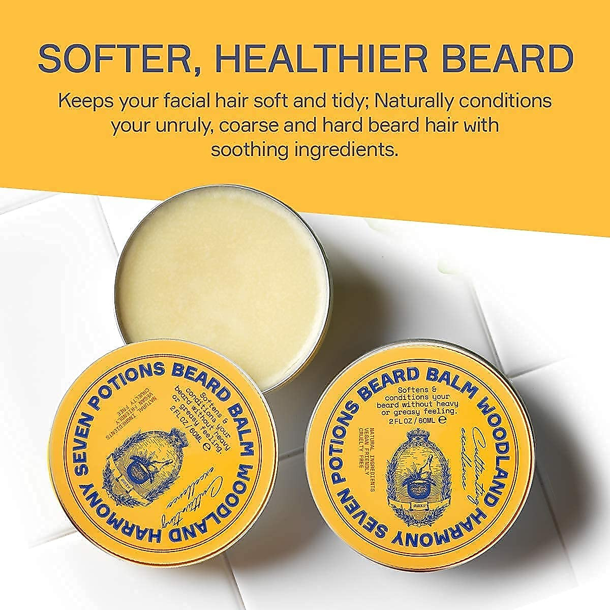 Seven Potions Beard Balm 2 oz. 100% Natural Softener with Jojoba Oil - Nourishes, Softens, Stops Itch, and Leaves Healthy Shiny Beard (Woodland Harmony)