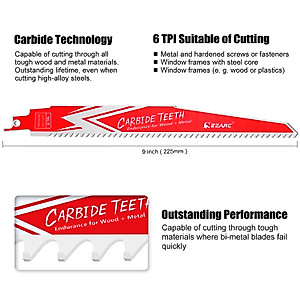 EZARC Carbide Reciprocating Saw Blade R956HM Endurance for Hard Wood and Metal Demolition 9-Inch 6TPI, 3-Pack