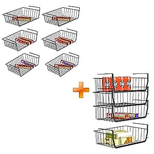 iSPECLE Under Shelf Basket and Stackable Under Shelf Basket, 6 Pack Black Wire Basket Under Shelf for Storage and 4 Pack Black Wire Storage Basket for Storage Pantry, Bundle Sales - Set o