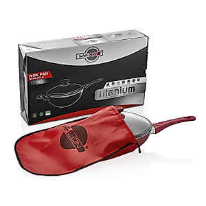 SAFLON Titanium Nonstick 11 Inch Wok and Stir Fry Pan with Glass Lid Forged Aluminum with PFOA Free Scratch Resistant (Red)