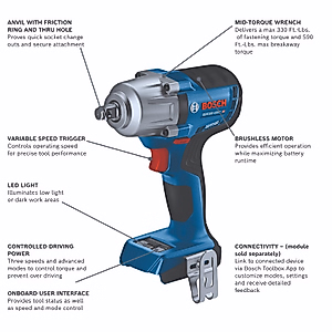 BOSCH GDS18V-330CN 18V Brushless Cordless Connected-Ready 1/2 In. Mid-Torque Impact Wrench with Friction Ring and Thru-Hole (Bare Tool)