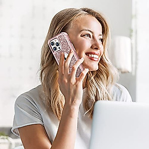 Hython for iPhone 14 Pro Case, Heavy Duty Full-Body Defender Protective Phone Cases Glitter Bling Sparkle Hard Shell Hybrid Shockproof/Drop Proof 3-Layer Military Rubber Bumper Cover Women, Rose Gold