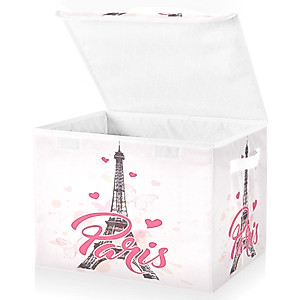 SUABO Paris Eiffel Tower Storage Bin with Lid, Pink Large Oxford Cloth Butterfly Love Storage Boxes Foldable Home Cube Baskets Closet Organizers for Nursery Bedroom Office
