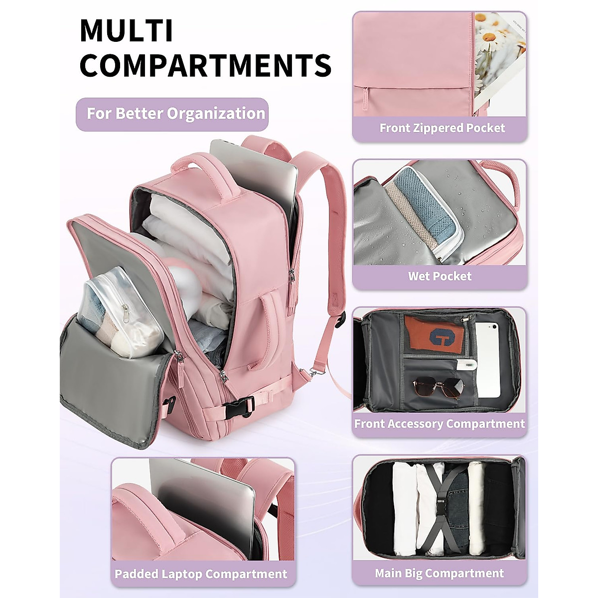 FALARK INC Travel Backpack For Women, 35L Carry On Backpack Flight Approved, Waterproof Personal Item Travel Bag Suitcase Backpack With USB Hole For Weekender, Traveling, Pink