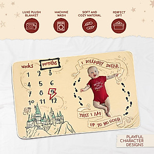 Harry Potter Newborn Baby Boys Bodysuit and Monthly Milestone Blanket 4 Piece Maroon/White 0-3 Months