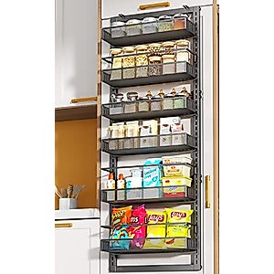 Over the Door Pantry Organizer, 6-Tier Adjustable Spice Rack, Metal Door Shelf with Detachable Guardrail, Space Saving Hanging Baskets for Kitchen Pantry Bathroom Organization Storage, Black