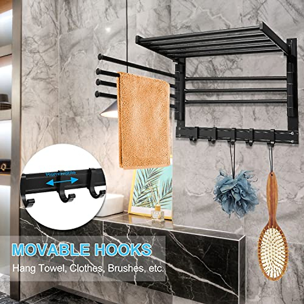 JHWKJS Laundry Clothes Drying Rack Wall Mounted, Foldable Wash Clothing Drying Racks for Laundry Room Organization with Swivel Towel Bars, Hooks for Bathroom, Laundry Room (Black-15.7in)