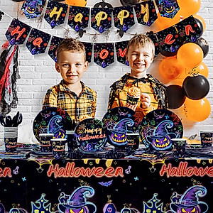 170PC Halloween Party Plates Supplies Kit Glow in The Dark Party Decorations Tableware Set with Disposable Plates,Napkins,Cups,Birthday flag and Touchdown Tablecloth for Holiday Party,Serves 24 Multi