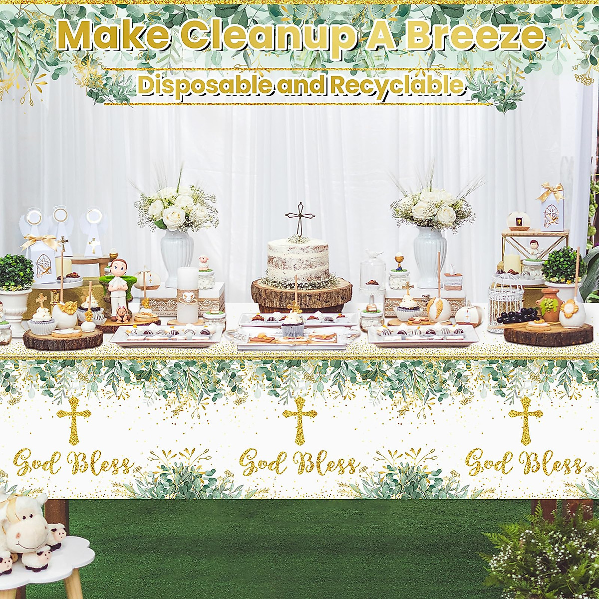 3Pcs God Bless Baptism Tablecloth First Communion Holy Tablecloth Decorations Mi Bautizo Christening Table Cover Disposable Tablecloths for Boys Girls Newborn Baby Shower Party Supplies 54 x 108 inch