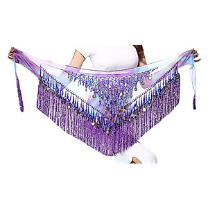 Lauthen.S Belly Dance Hip Scarf with Tassels Sequins, Triangle Coins Wrap Skirt Music Festival Clothing Purle