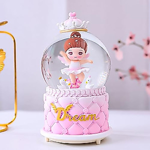 Ballerina Snow Globe, 80mm Water Globe Music Box with Color Changing LED Lights for Wife Girlfriend Daughter Girls Birthday Christmas Valentine (Pink)