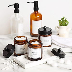 KUSVADO 2-Pack Bathroom Apothecary Storage Jars, Vanity Countertop Canister, Glass Jars Q-tip Holder, Cotton Swab Container, Bathroom Storage Container with 8 Pcs Waterproof Labels