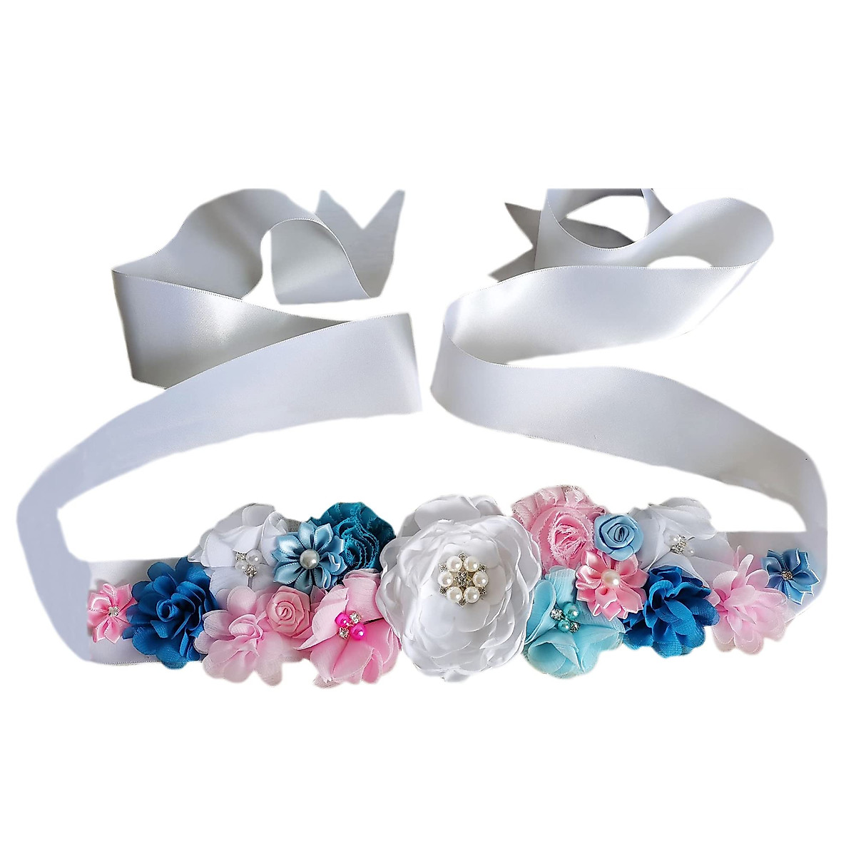 Maternity Pregnancy Flower Sash Belt, Rhinestone Feather Sash for Wedding Bride/Baby Shower Dress (White/Pink/Blue, One Size)