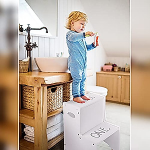 Kids 2-Step Wood Step Stool White Two Step Children's Stool with Handles Dual Height Wooden Toddler Step Stool for Kids Mini Wooden Stepping Stand for Room Kitchen