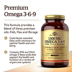 Solgar 1300 mg Omega 3-6-9, 120 Softgels - Fish Oil Supplement - Support for Heart, Joint & Skin Health - Includes Flaxseed & Borage - Contains EPA & DHA - Omega 3 Fatty Acids - 40 Servings