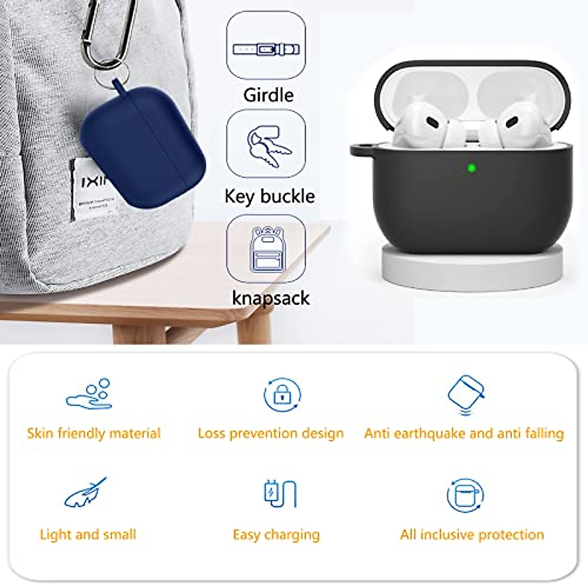 Geeice AirPods Pro 2nd/1st Generation Case Cover 2022/2019, 3 in 1 Soft Silicone Full Protective Cover Accessories with Keychain Lanyard and Cleaning Pen for Women Men, Black