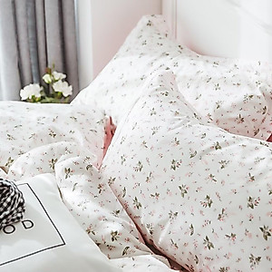 VClife Queen Cotton Duvet Cover Pink White Floral Bedding Sets, Vintage Style Flower Branches Pattern Duvet Covers with Zipper Closure- 1 Duvet Cover and 2 Pillow Covers, Breathable Lightweight