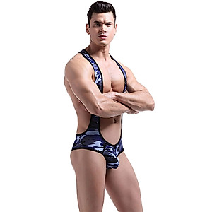 Men's Sexy Jockstrap Leotard Underwear Stretch Wrestling Singlet Bodysuit Suspender Jumpsuit Swimsuit Mankini (Blue,Small)