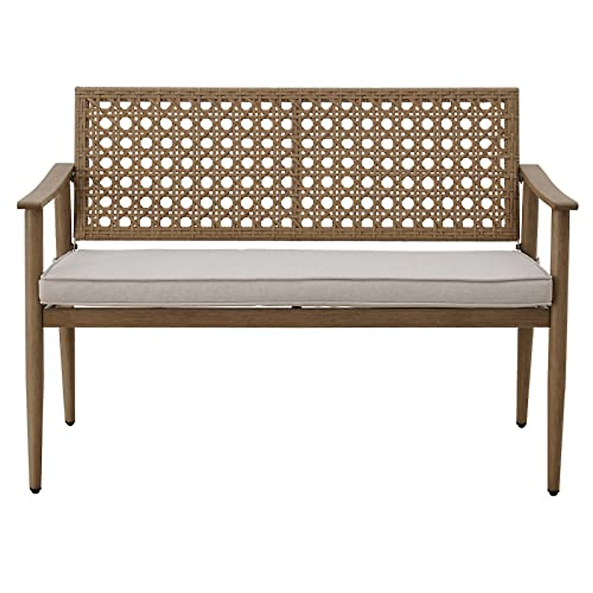 Grand patio Outdoor Bench, Wicker Rattan Garden Benches with Cushion, Patio Loveseat for Front Porch Backyard Outside Furniture Decor (Beige Cushion, Wicker Rattan)