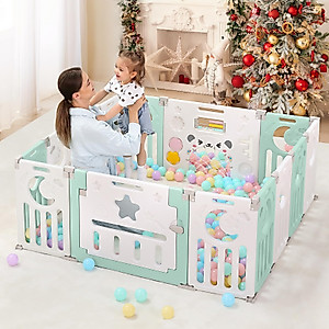 Baby Playpen, Dripex Foldable Playpen for Babies and Toddlers, Custom Shape Baby Fence, Safety Play Yard with Gate, Portable Play Area for Indoor or Outdoor, Light Green White, 14 Panel