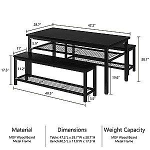 Lamerge Kitchen Table and Chairs for 4, Dining Set with Storage Shelf, Kicthen & Dining Table with 2 Benches, Dining Room Table Set of 47.2 x 28.7 x 28.7 inches, Black