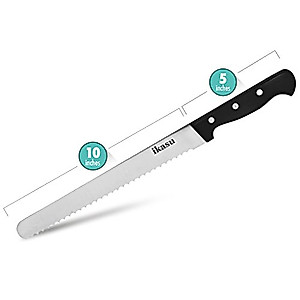 ikasu 10 inch Bread Slicer Knife | Ultra-Sharp German High Carbon Stainless Steel Serrated Edges, Full Tang Blade | Durable Luxury Pakka Wood Handle