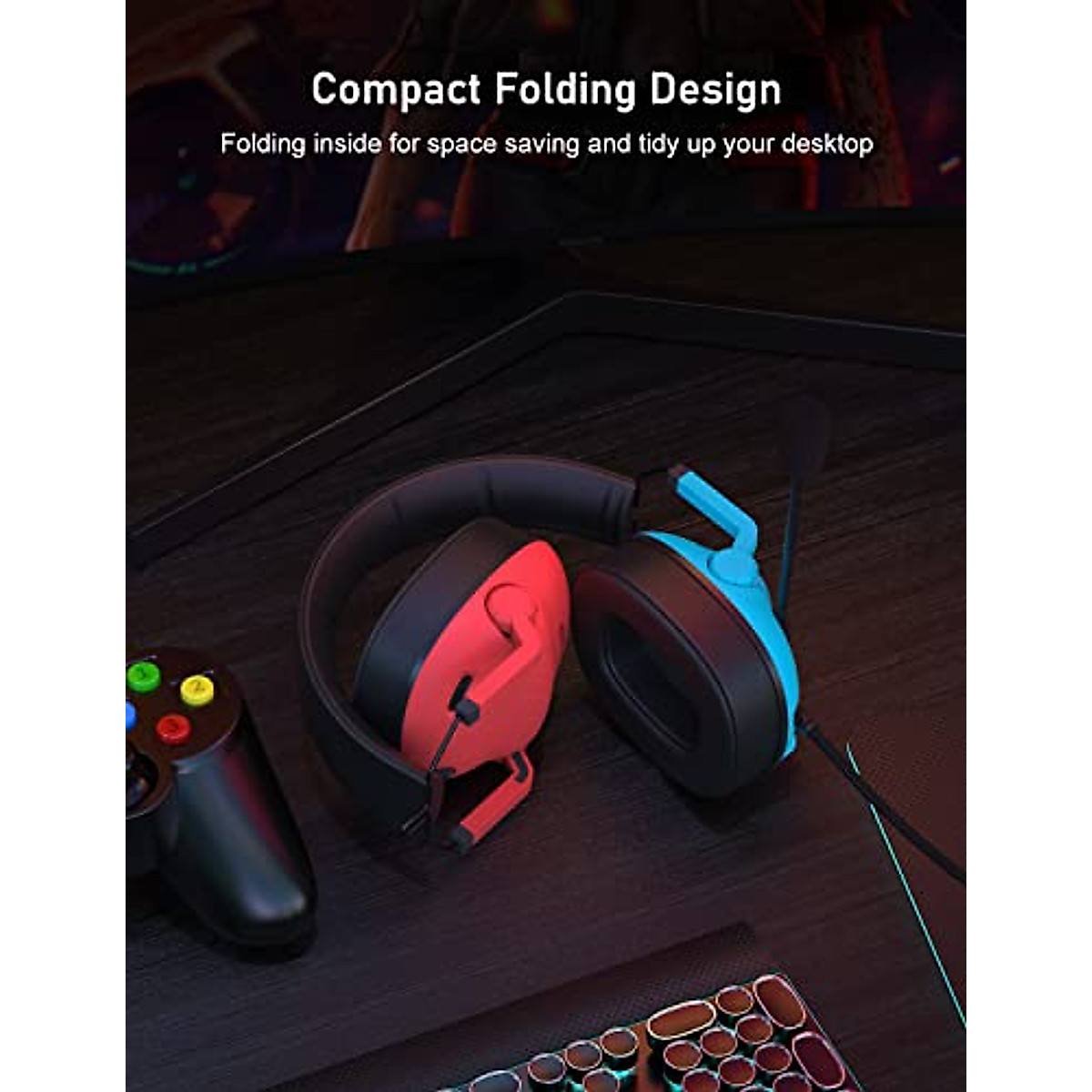 SENZER SG500 Surround Sound Pro Gaming Headset with Noise Cancelling Microphone - Detachable Memory Foam Ear Pads - Portable Foldable Headphones for PC, PS4, PS5, Xbox One, Switch - Red&Blue