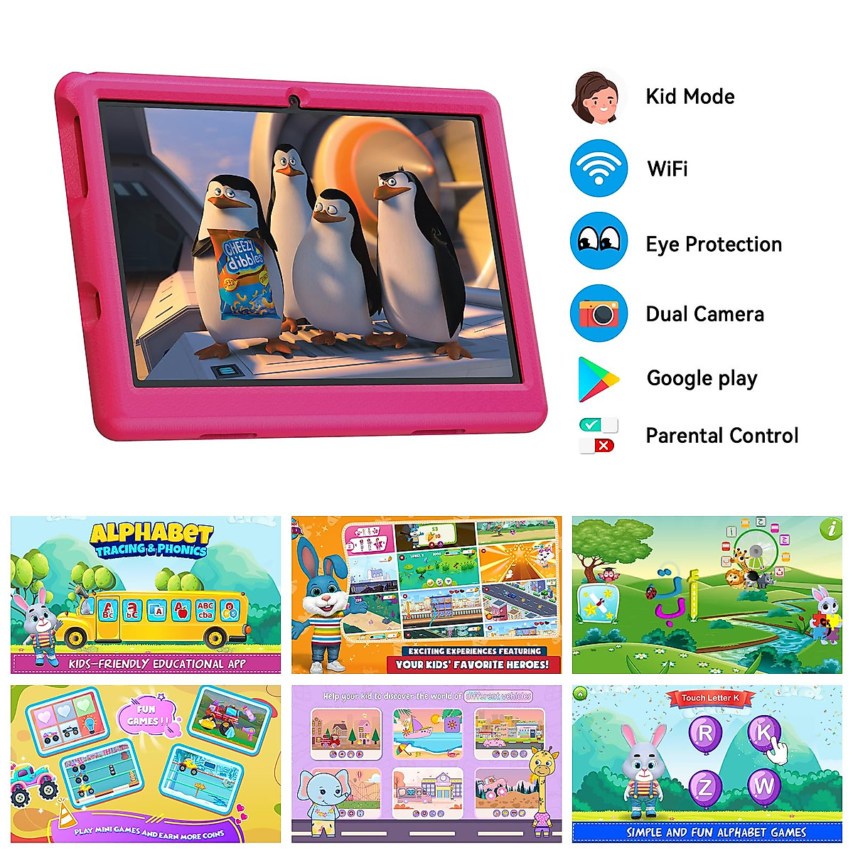 Freeski 10-inch Kids Tablet with Android 12, HD IPS Display Tablet for Kids, 2GB RAM, 32GB ROM, Quad-Core Processor, Kidoz Pre Installed, Parental Control, Kid-Proof Case (Pink)