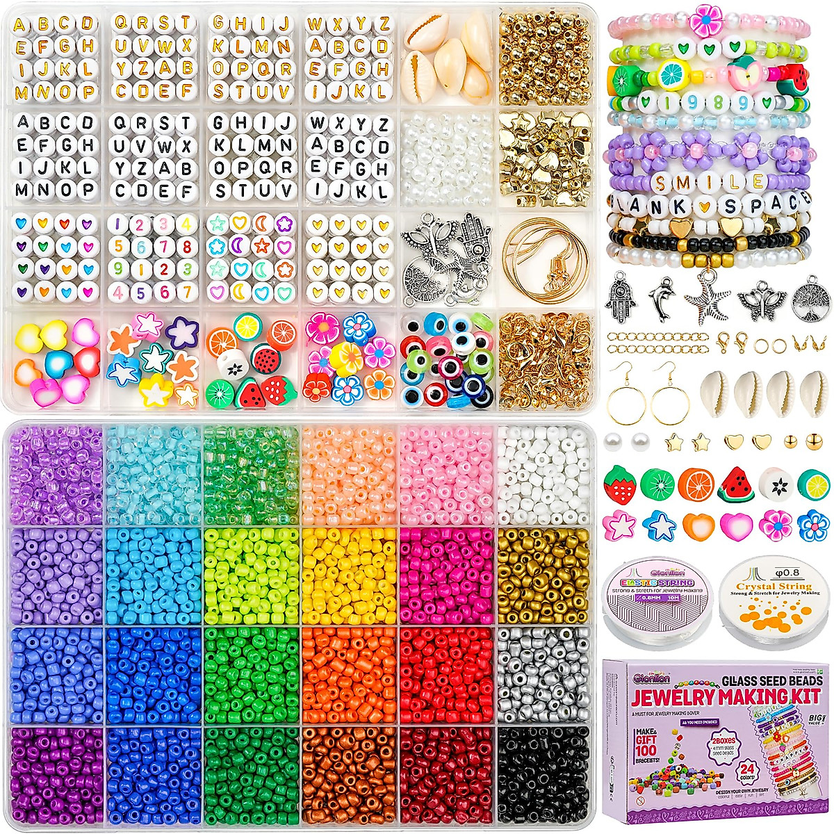 Gionlion 4mm Glass Seed Beads for Bracelets, 2 Boxes 24 Colors Bracelet Making Kit and Letter Beads for Jewelry Making, Friendship Bracelet Kit with Clay Beads for DIY Art Craft Kit Girls Gifts Toys