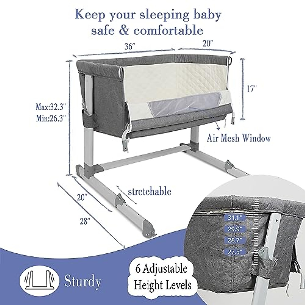 PEARLOVE 3 in 1 Baby Bassinet Bedside Sleeper, Bedside Crib with 6 Adjustable Height, Soft Mattress & Wheels, Portable Easy to Assemble Bassinet, Baby Cribs for Infant Newborn(Gray)