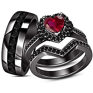 Aryan Jewels 2.30 Ct Heart & Round Cut Red Ruby & Black Diamond Trio Engagement Wedding Women's Ring Set 14k Black Gold Finish (13)