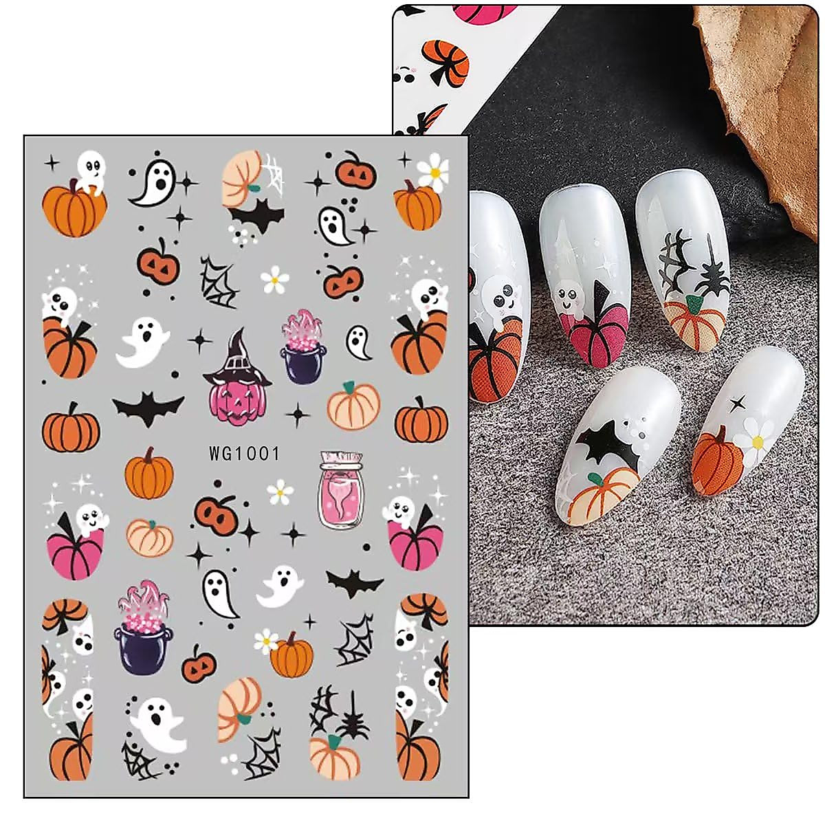 JMEOWIO 8 Sheets Cute Halloween Nail Art Stickers Decals Self-Adhesive Pegatinas Uñas Horror Skull Pumpkin Ghost Witchy Spider Web Bat Spook Nail Supplies Nail Art Design Decoration Accessories