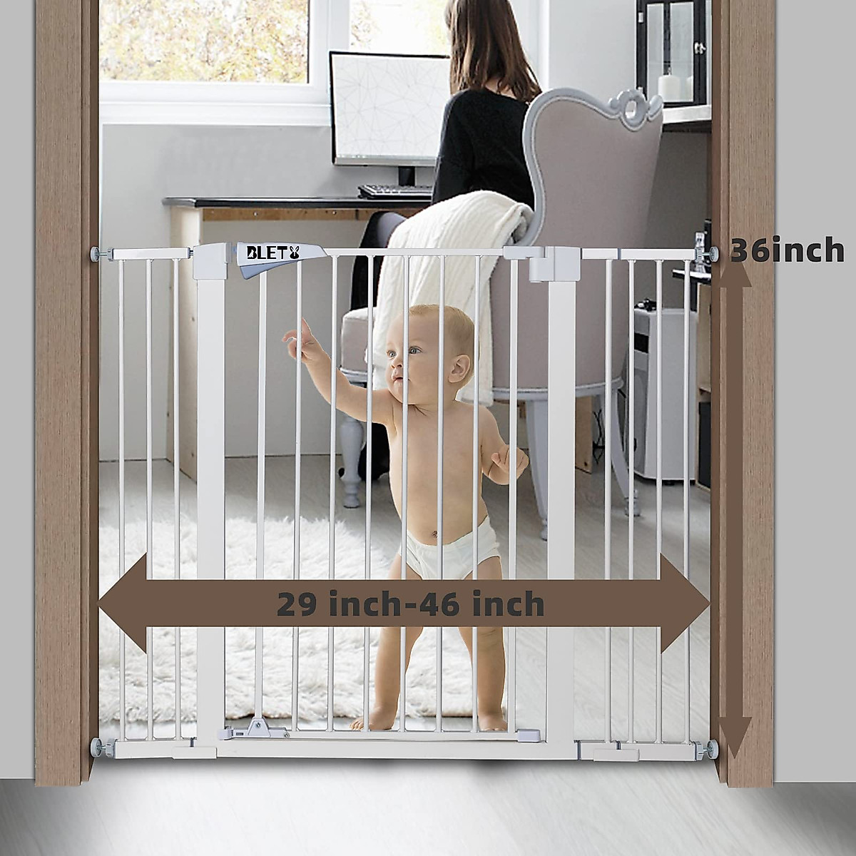 Blety 36" Extra Tall Baby Gate for Stairs 29.7"-46" with Auto Close Door, Safety Dog Gate with 2-Way Door for Stairs and Doorways, Extra Wide Baby Gates for Doorways No Drill Wall Protected Pet Gate