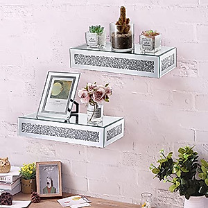 JUXYES Crushed Diamond Wall Floating Shelves Sparkle Glass Riser for Display, Wall Art Showcase Shelf Decorative Pedestal Stand Unique Glass Display Floating Wall Shelf