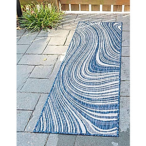 Unique Loom Outdoor Modern Collection Area Rug - Pool (2' x 6' 1" Runner, Blue/ Ivory)