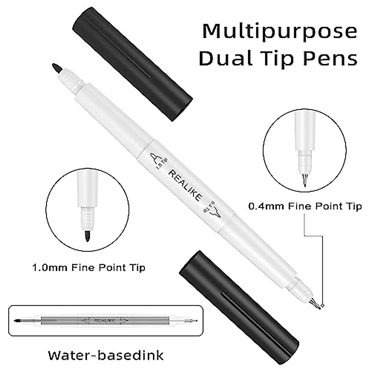 REALIKE Dual Tip Pens for Cricut Maker 3/Maker/Explore 3/Air 2/Air, Black Pens Set of 7 Pack Dual Tip Marker Fine Point Pen Writing Drawing Accessories for Cricut Machine (0.4 Tip & 1.0 Tip)