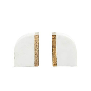 Deco 79 Marble Bookends with Wood Details, Set of 2 4"W, 5"H, White