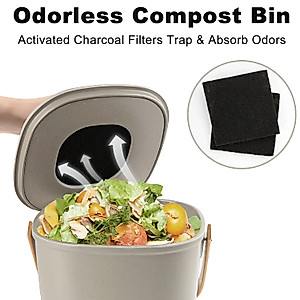 Yatmung Compost Bin, Countertop Compost Bin with Lid, Odorless Indoor Compost Bucket Made of Bamboo Fiber, Includes Charcoal Filter, Grey