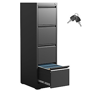 IKIMI 4 Drawer File Cabinet,Metal Filing Cabinets with Lock,Black Vertical File Cabinet for Home Office,Heavy Duty Metal Storage Cabinet for A4/Letter/Legal Size File,Assembly Required