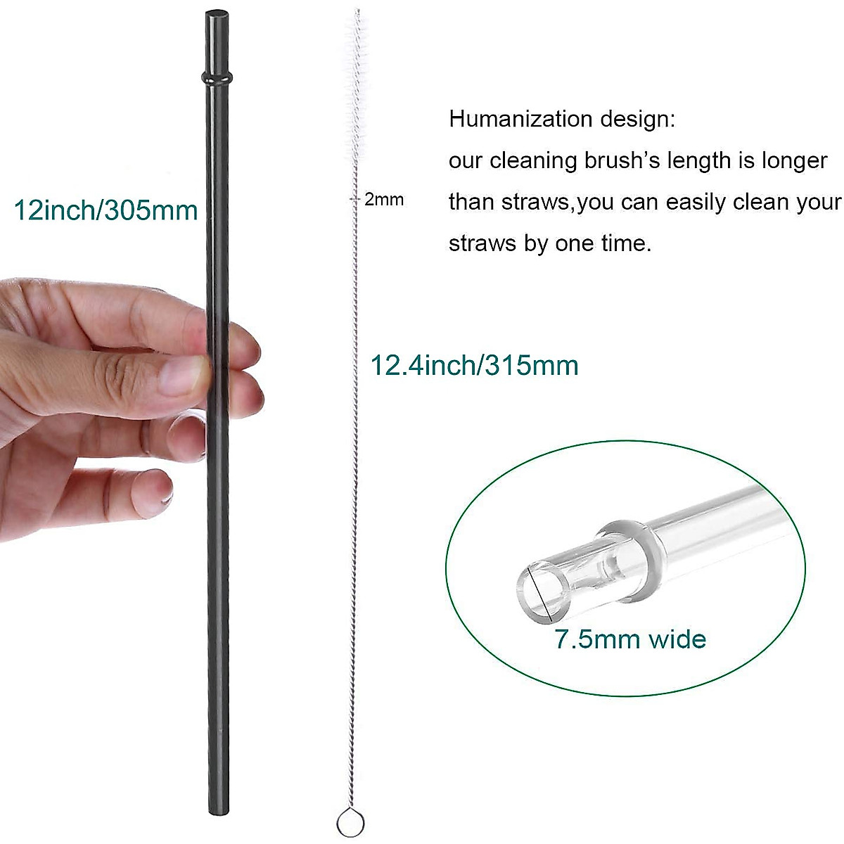 DAKOUFISH 12 Inch Long Black Reusable Plastic Replacement Drinking Straws for 30 oz & 40 oz Mason Jar,Tumblers, Set of 12 with Cleaning Brush (12inch, Black)