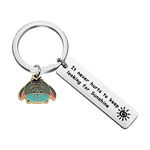 It Never Hurts to Keep Looking for Sunshine Bar Kecyahin with Donkey Charm A.A Milne Quote Jewelry Inspiration Gift (Bar Keychain) Sliver