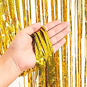 BRAVESHINE Gold Glitter Tinsel Foil Fringe Curtains - 2Pcs 3.2x8.2ft Holiday Photo Backdrop for Birthday Graduation Wedding Bridal Bachelorette Baby Shower Tropical Hawaiian Luau Party Decorations
